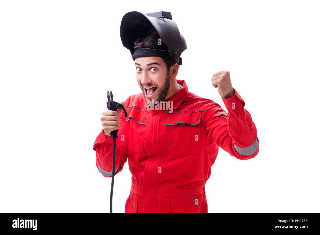 Funny welder isolated on white background Stock Photo - Alamy