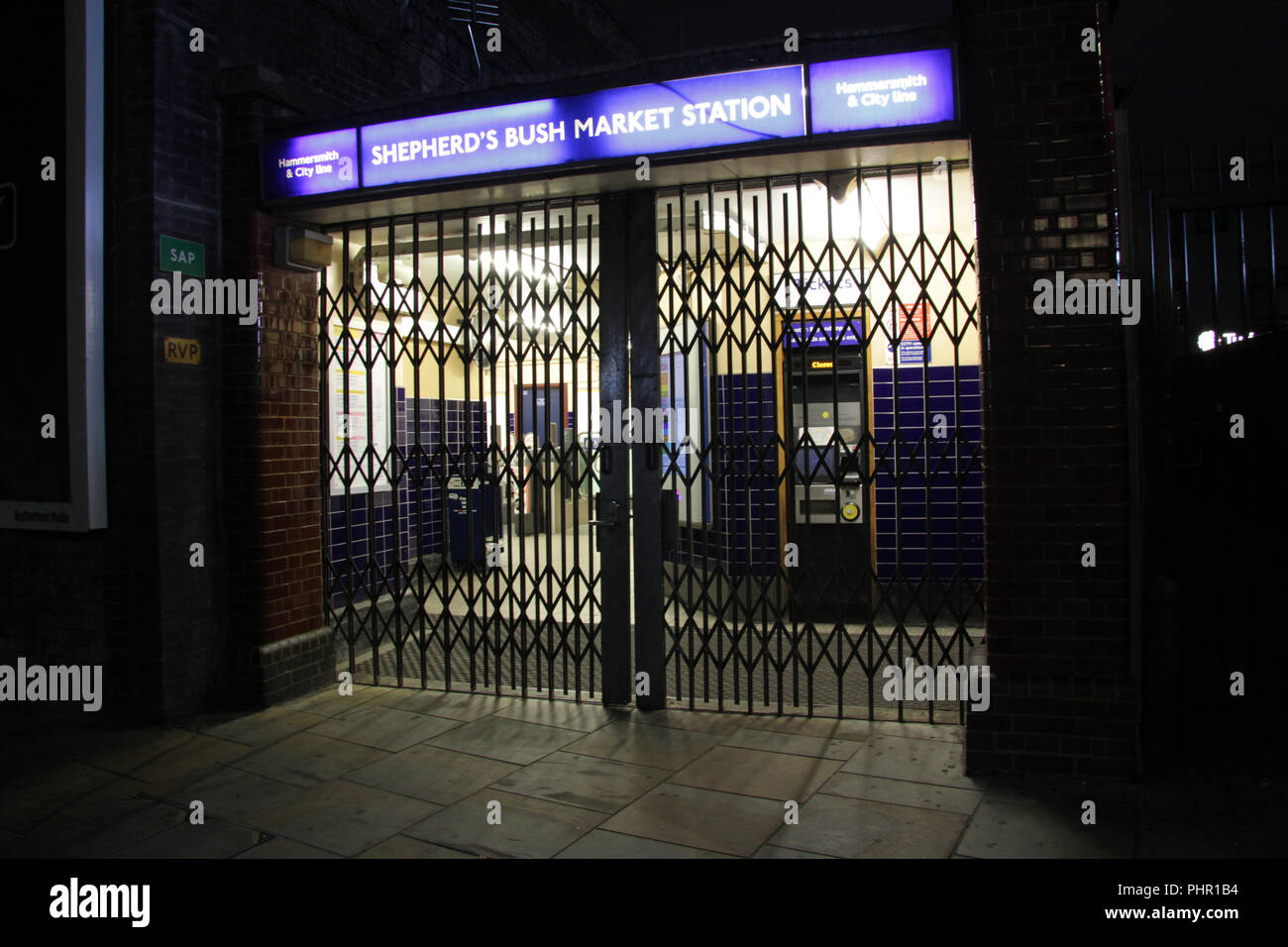Shepherds Bush Market Tube station closed metal shutters Stock Photo ...