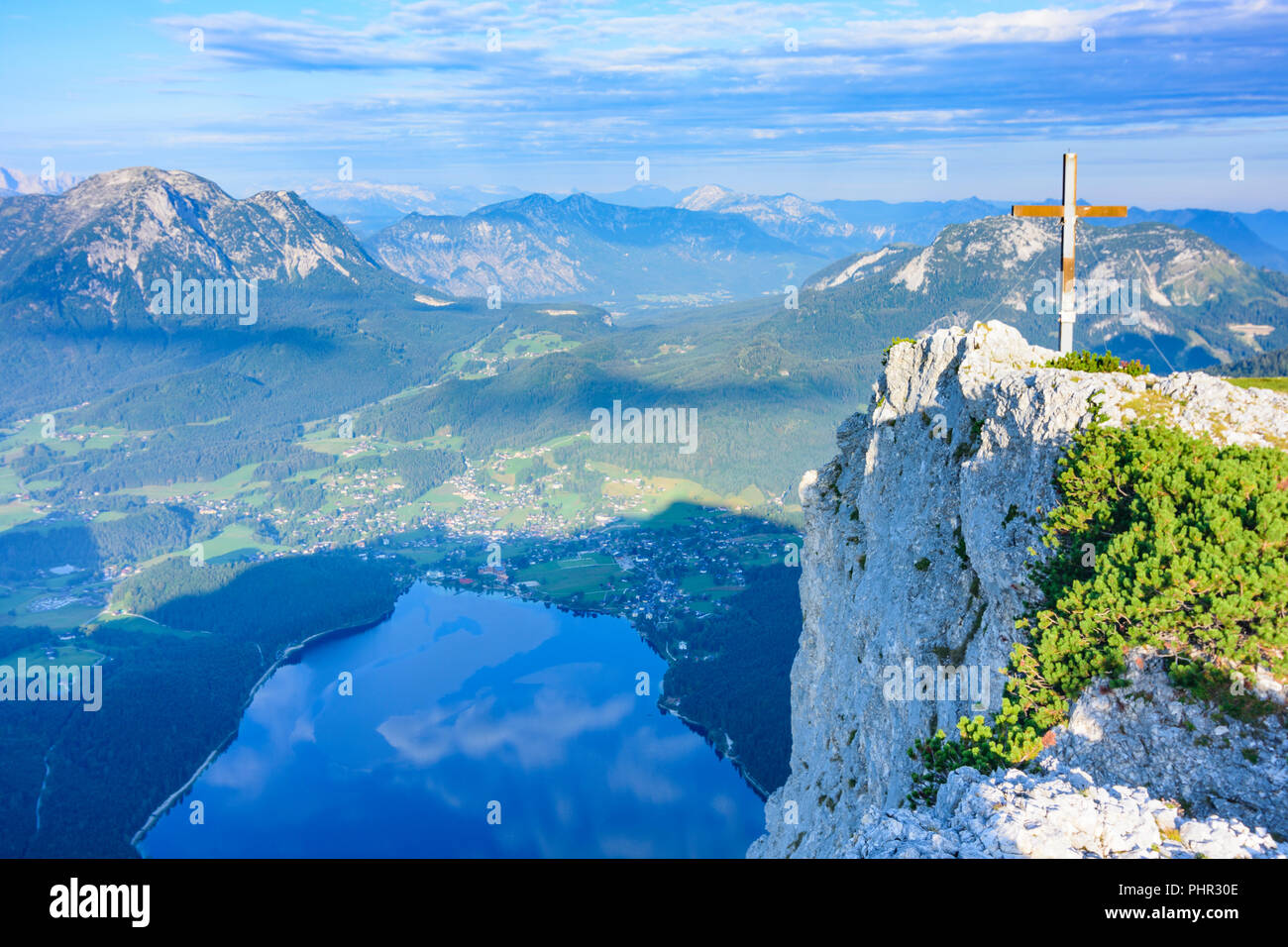 Altaussee: lake Altausseer See, village Altaussee, view from mountain ...