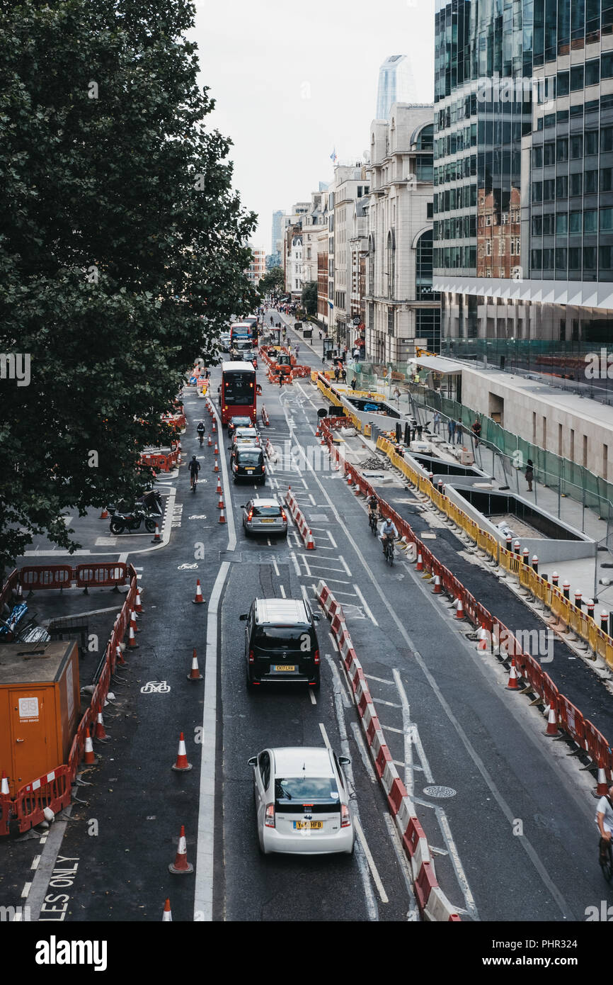 London, UK - July 24, 2018: Traffic queuing in one lane because of the ...