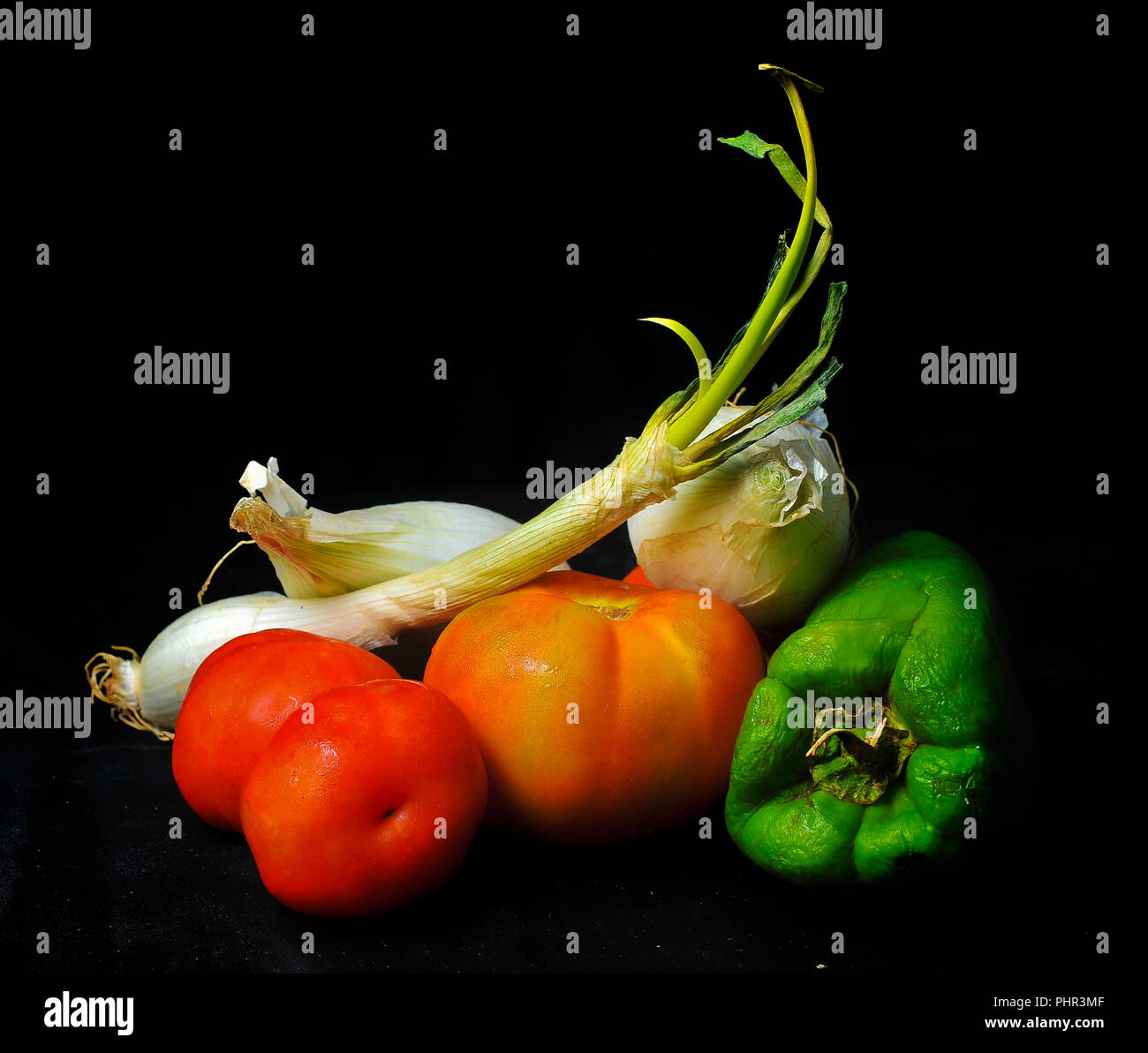 most used vegetables in Cuban cuisine, tomatoes, chili, onion Stock ...