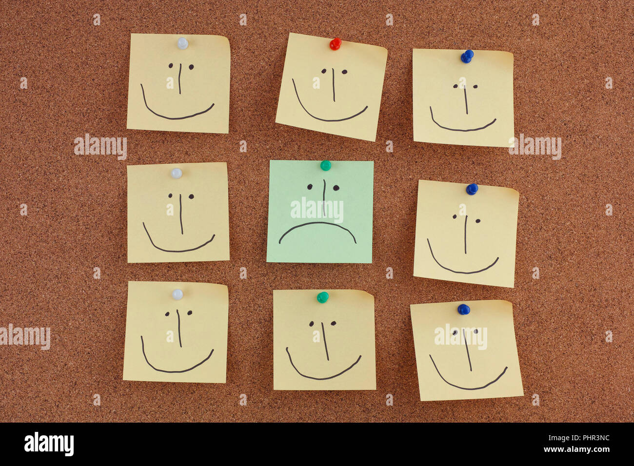 Post it notes with smiley face and sad faces on bulletin board. Close ...