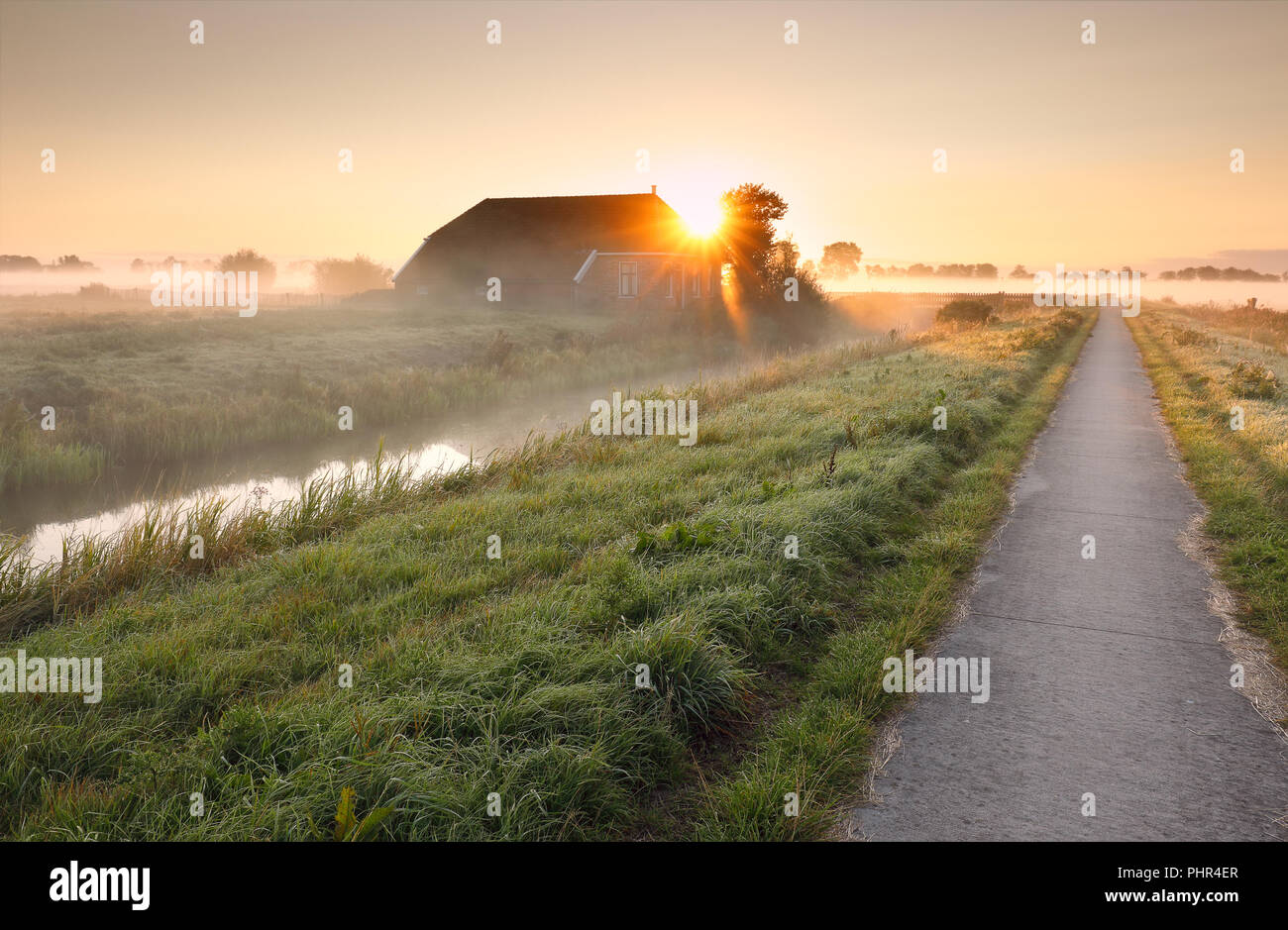 cycling path by farmhouse on misty sunrise, Netherlands Stock Photo - Alamy
