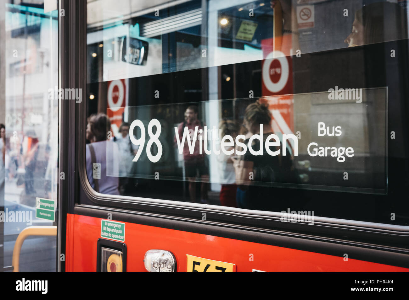 London, UK - July 24, 2018: Close up of a red double decker bus number ...
