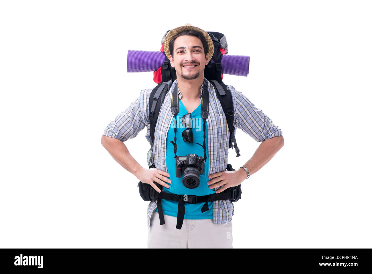 Backpacker with camera isolated on white background Stock Photo - Alamy