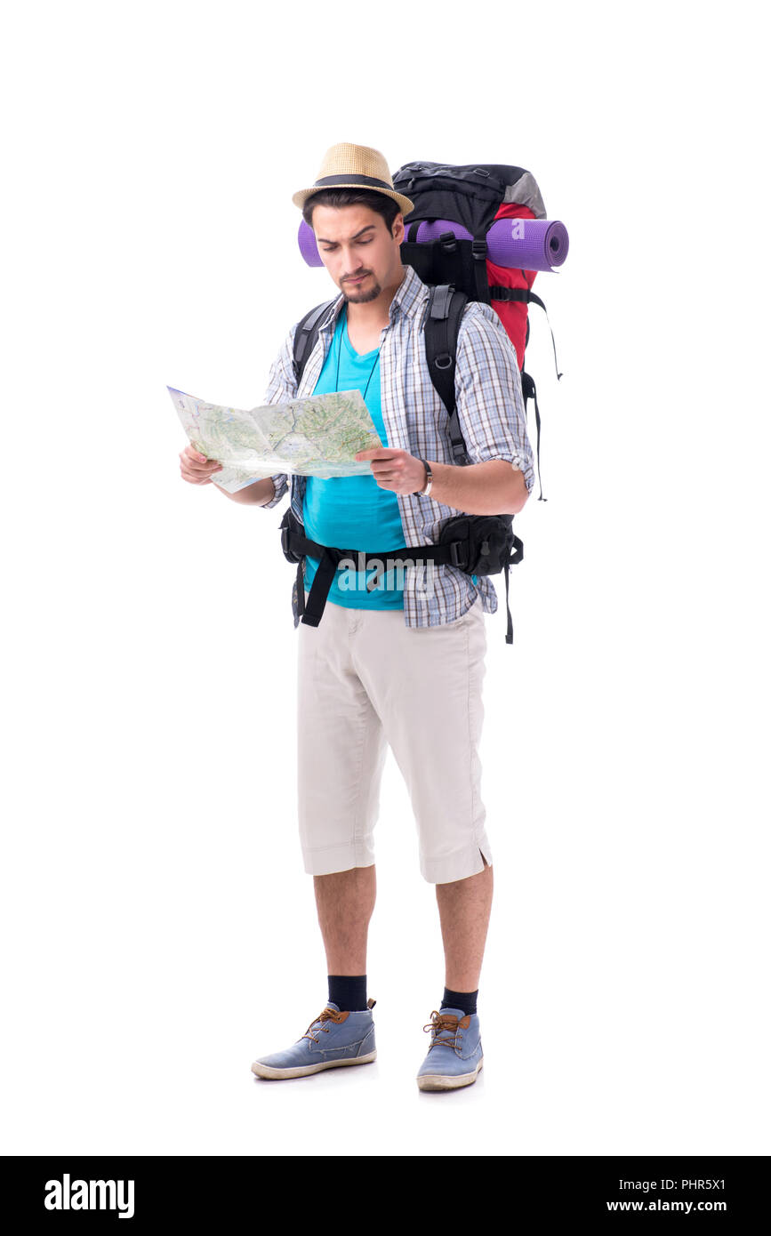 Man lost and looking for direction with map on white Stock Photo - Alamy