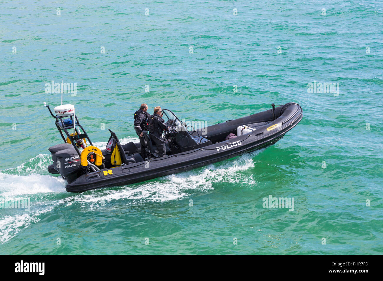 police on patrol on the sea at Bournemouth, Dorset UK in September ...