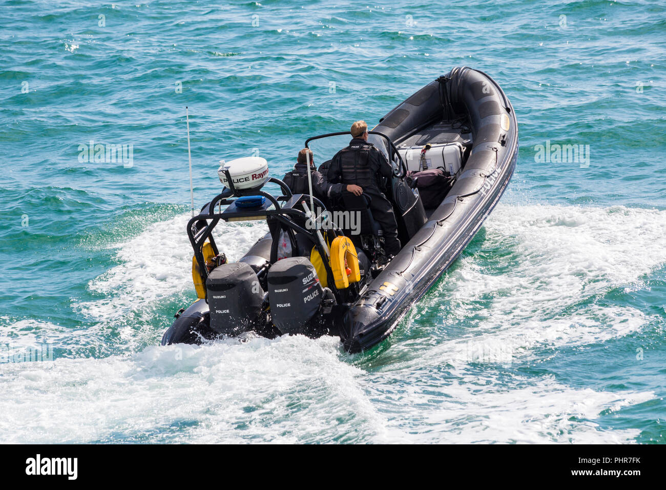 police on patrol on the sea at Bournemouth, Dorset UK in September ...