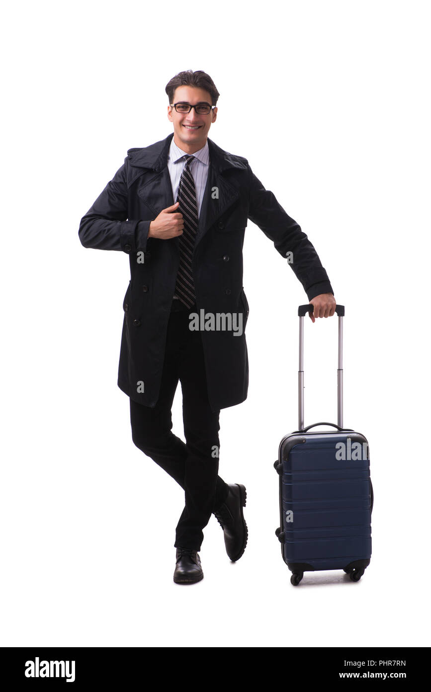 Young businessman with suitcase ready for business trip on white Stock ...