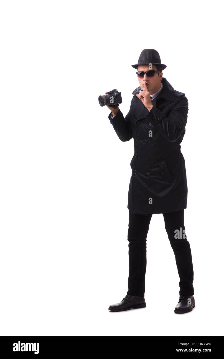 Spy with camera taking pictures isolated on white Stock Photo - Alamy