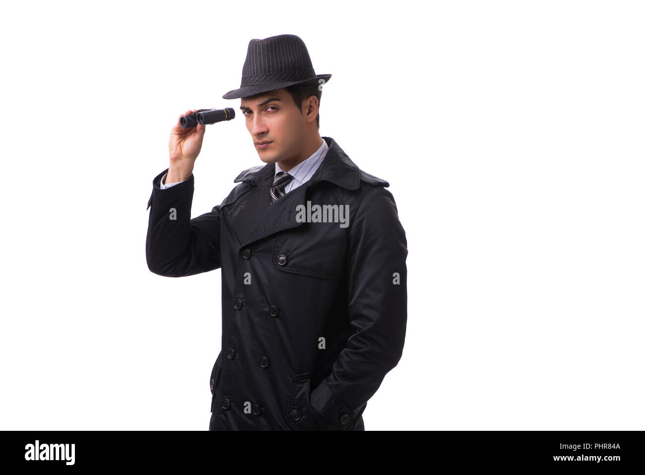 Spy with binoculars isolated on white background Stock Photo - Alamy