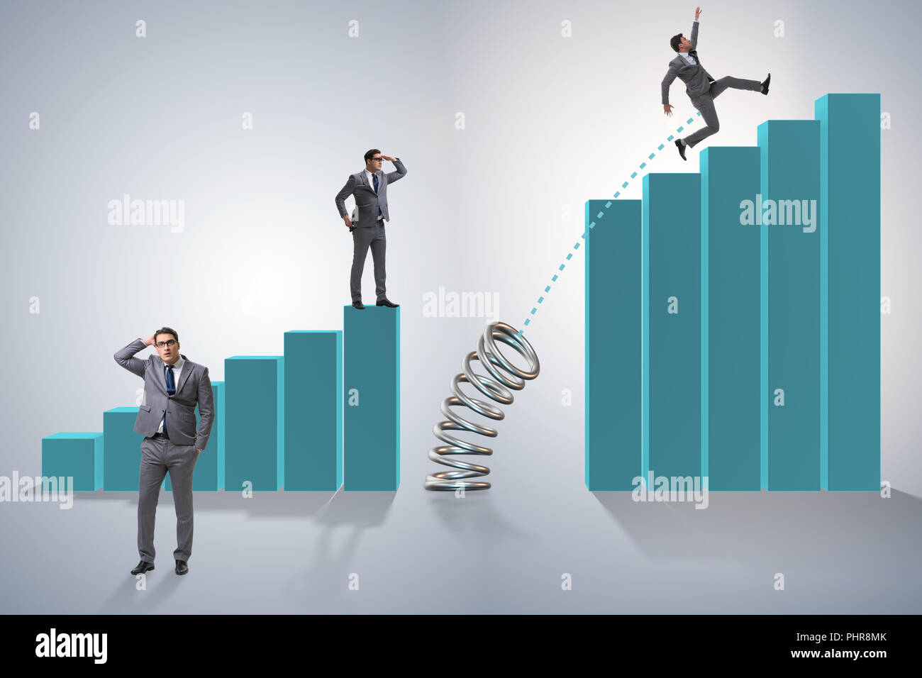 Business people jumping over bar charts Stock Photo - Alamy