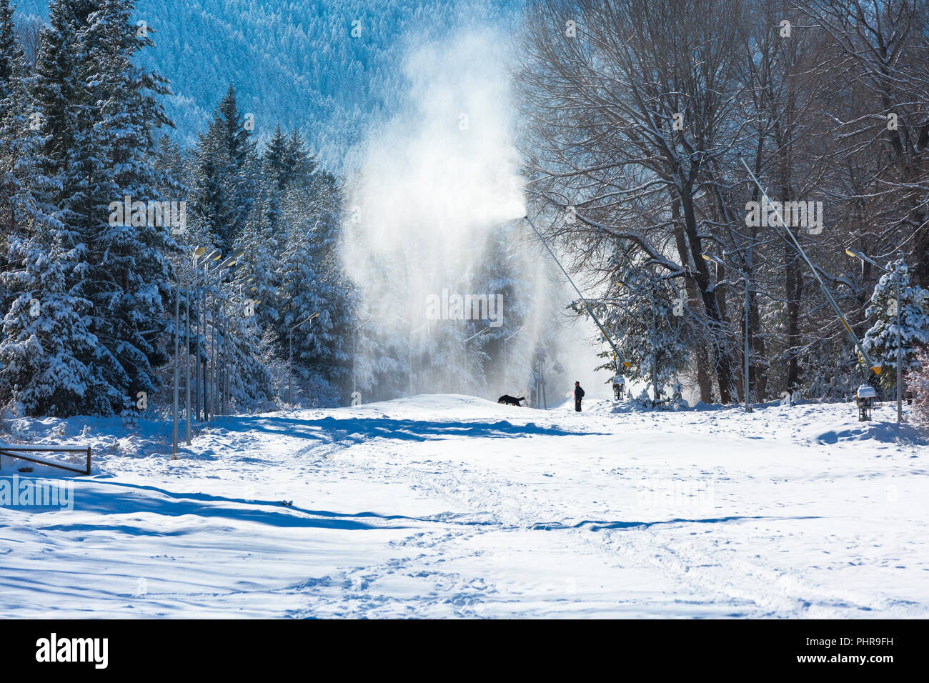 Winter ski resort landscape and snow canons in Bansko, Bulgaria Stock ...