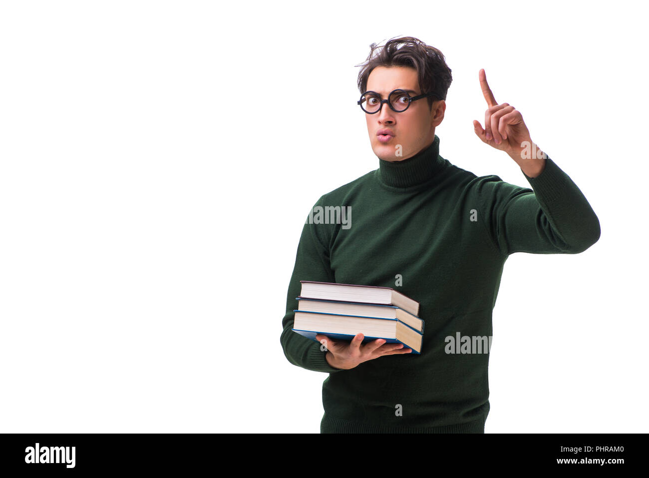 Nerd young student with books isolated on white Stock Photo - Alamy