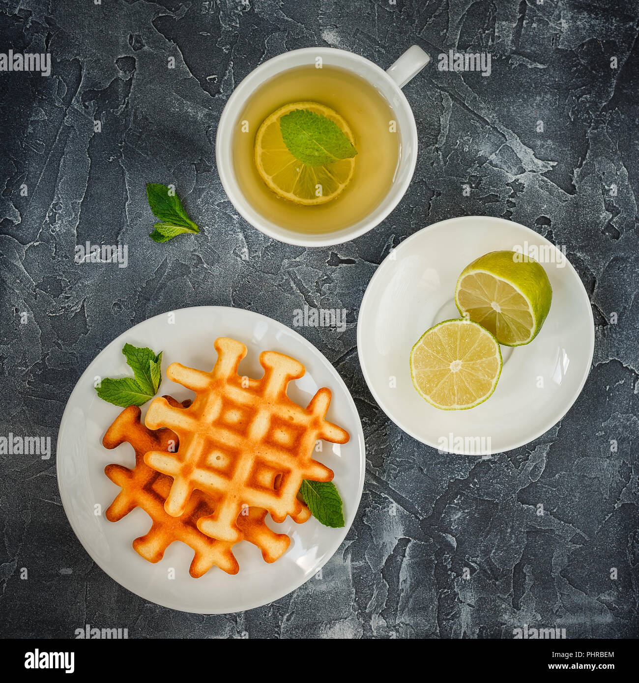 Belgian waffles and Tea Stock Photo - Alamy
