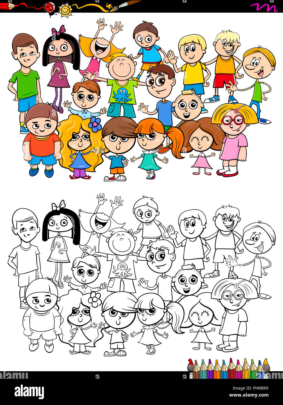 children characters group coloring book Stock Photo - Alamy