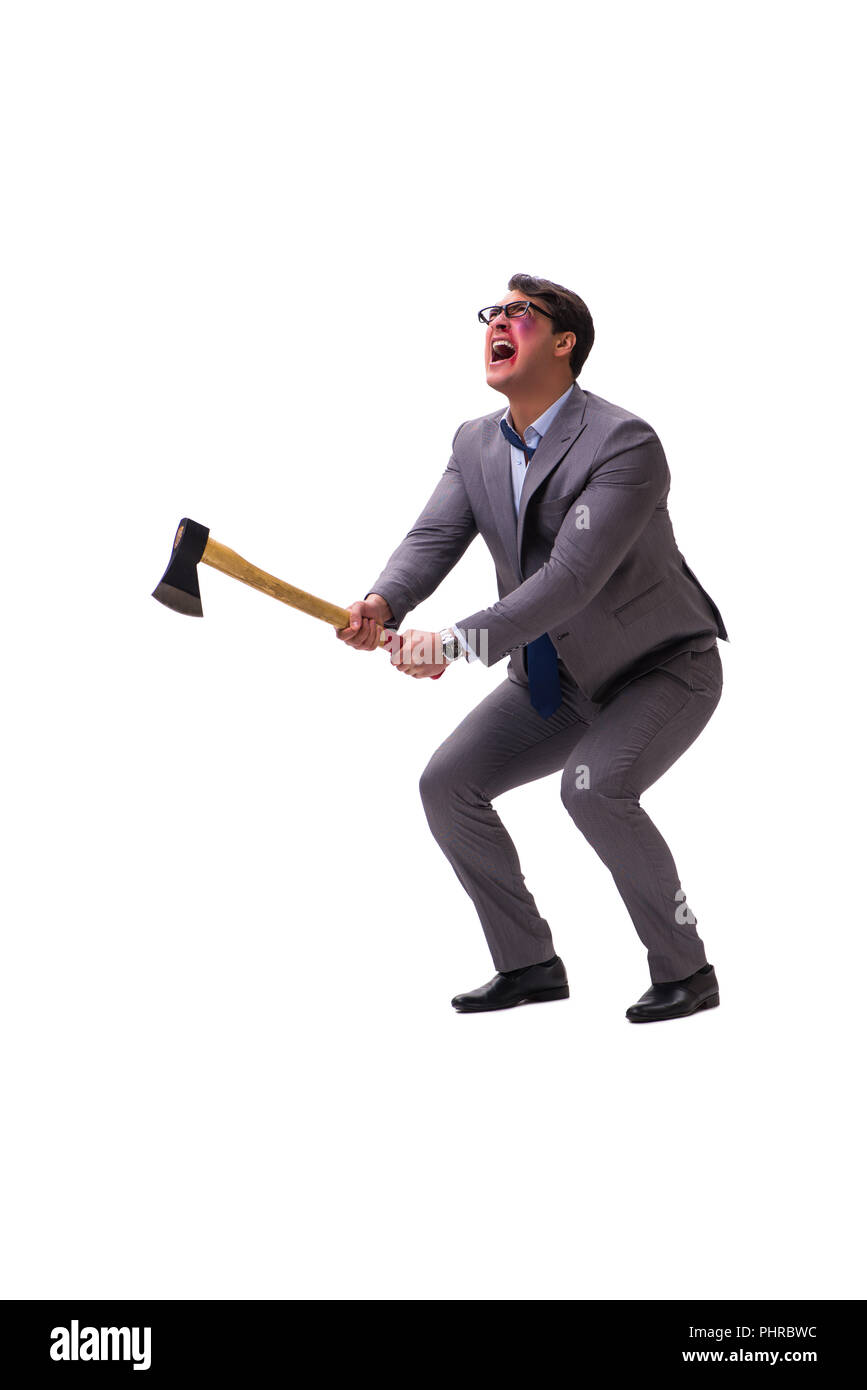 Angry businessman with axe isolated on white Stock Photo - Alamy
