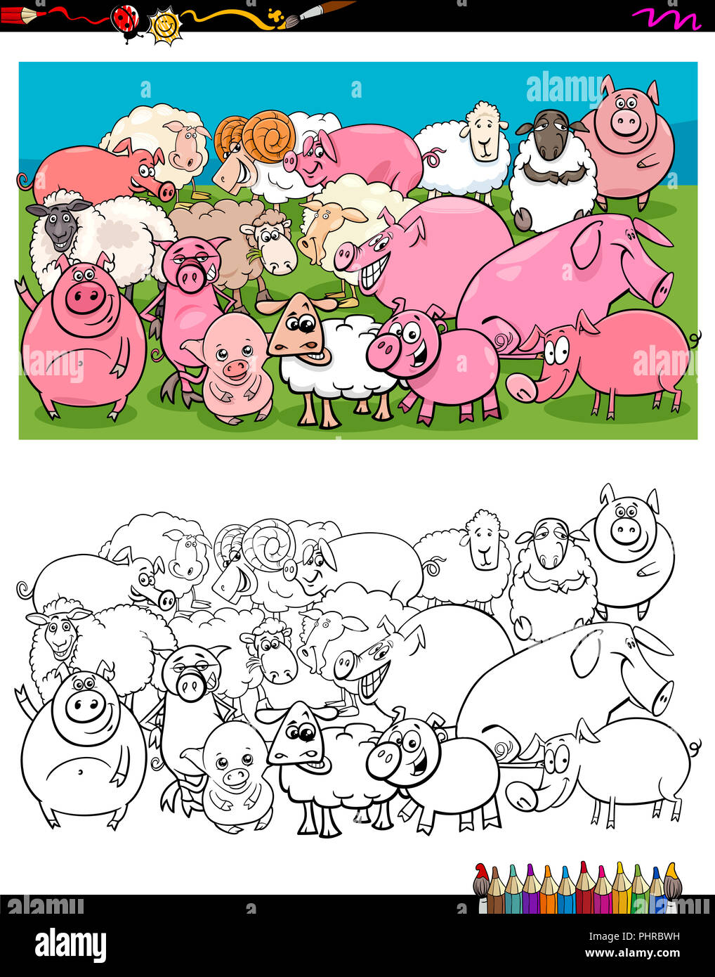 pigs and sheep characters group color book Stock Photo - Alamy