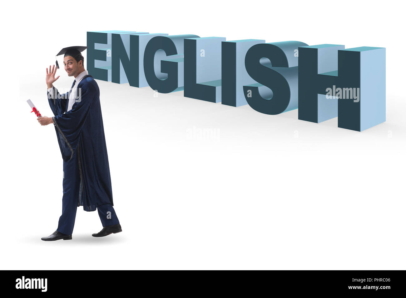 Young graduate in english language education concept on white Stock ...