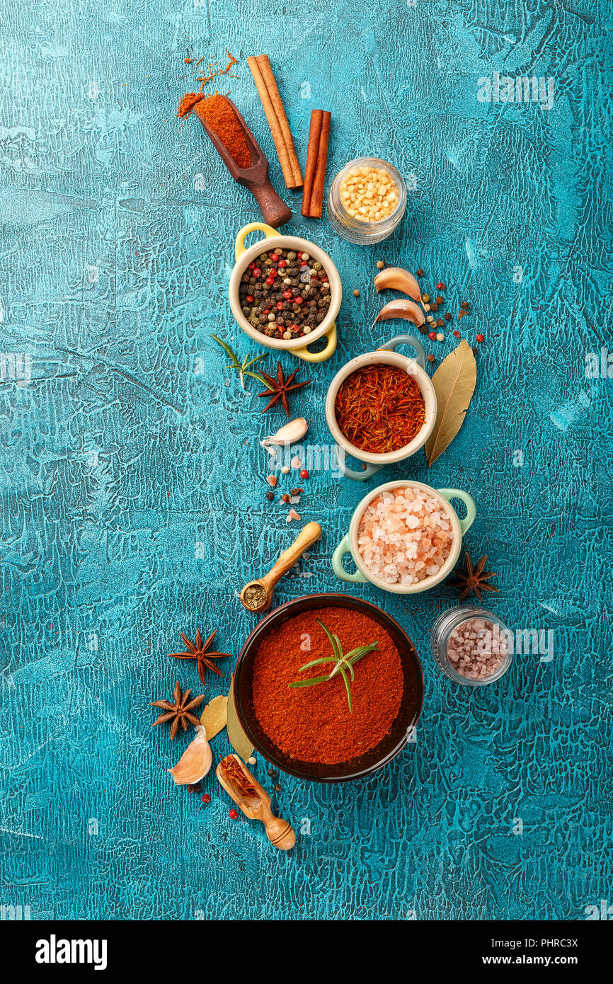 Spices and condiments in small bowls Stock Photo - Alamy