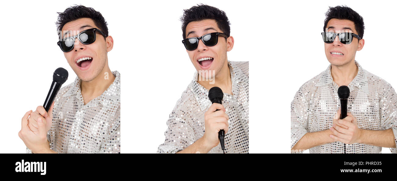 Man with mic isolated on white Stock Photo - Alamy