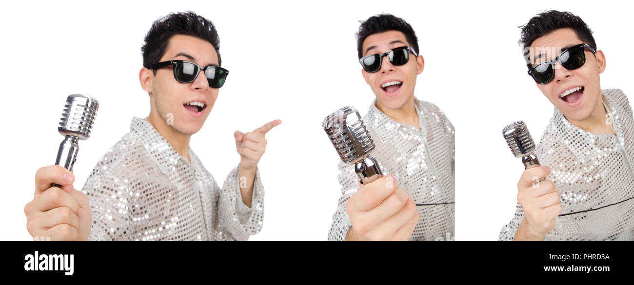 Man with mic isolated on white Stock Photo - Alamy