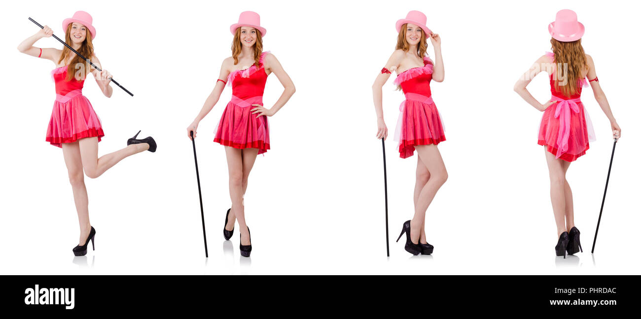 Pretty young wizard in mini pink dress isolated on white Stock Photo ...