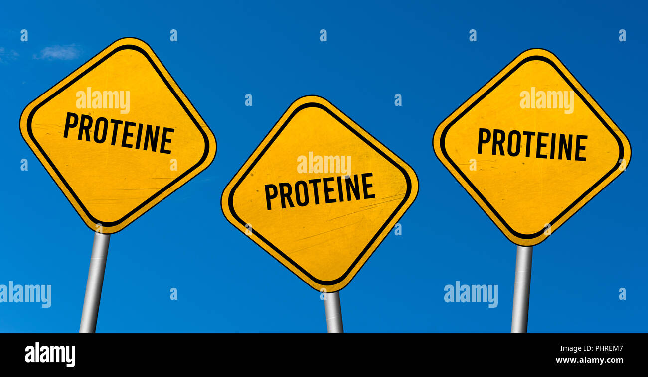 Proteine - yellow signs with blue sky Stock Photo - Alamy