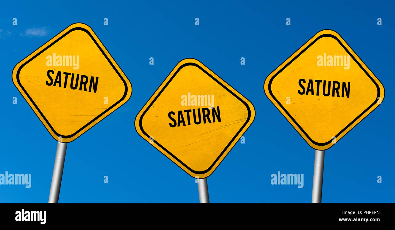 saturn - yellow signs with blue sky Stock Photo - Alamy