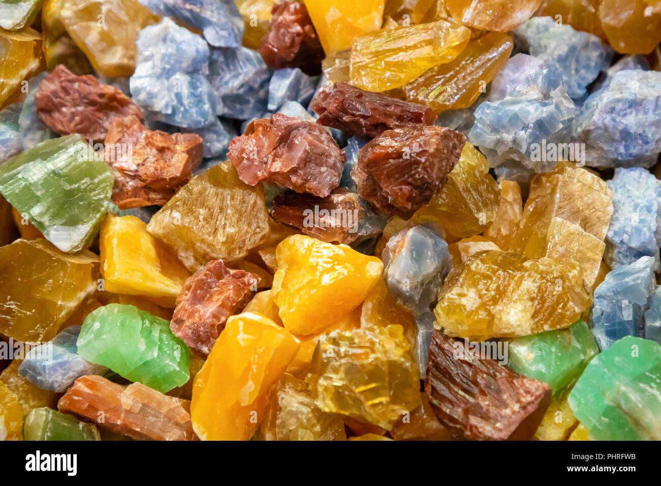 Closeup shot of colorful calcite crystals, geological background Stock ...