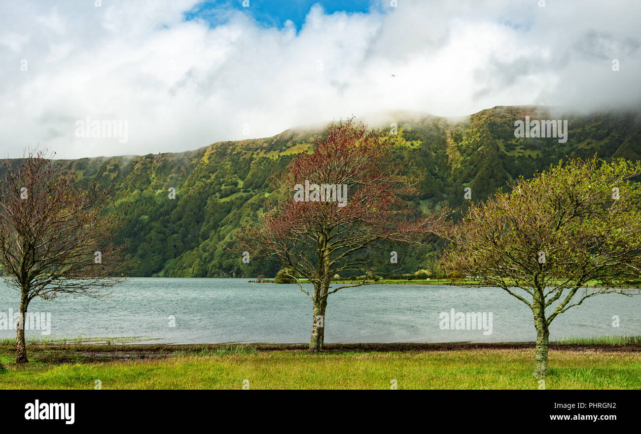 lakeside with trees san miguel azores Stock Photo - Alamy