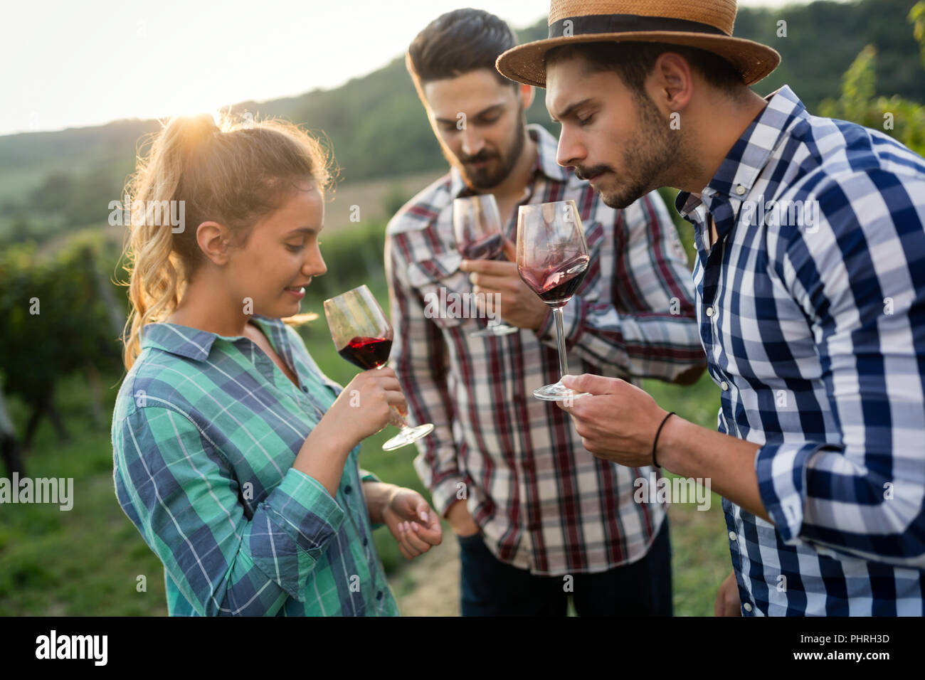People tasting wine in vineyard Stock Photo - Alamy