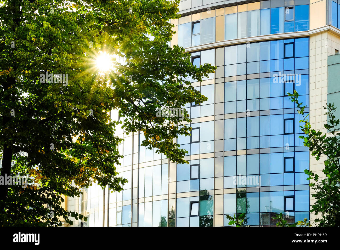 Facade glazing. Reflection of the sun in the facade Windows. Rays ...