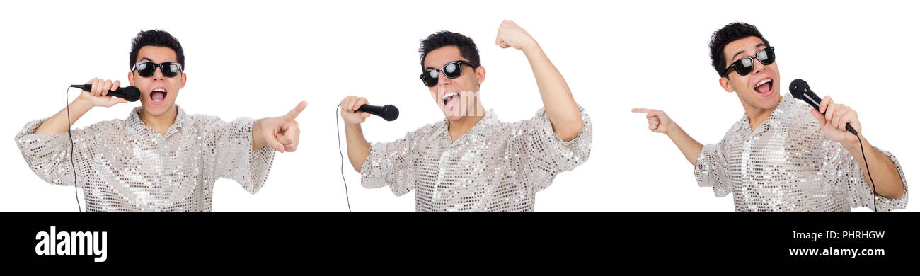 Man with mic isolated on white Stock Photo - Alamy