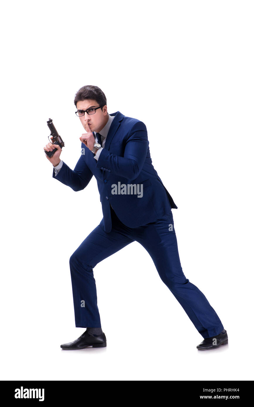Businessman with gun isolated on white background Stock Photo - Alamy