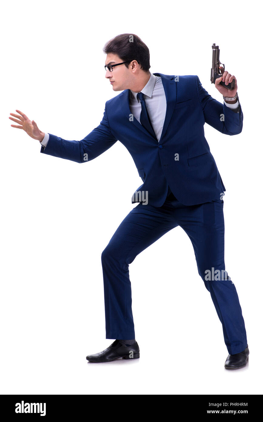 Businessman with gun isolated on white background Stock Photo - Alamy