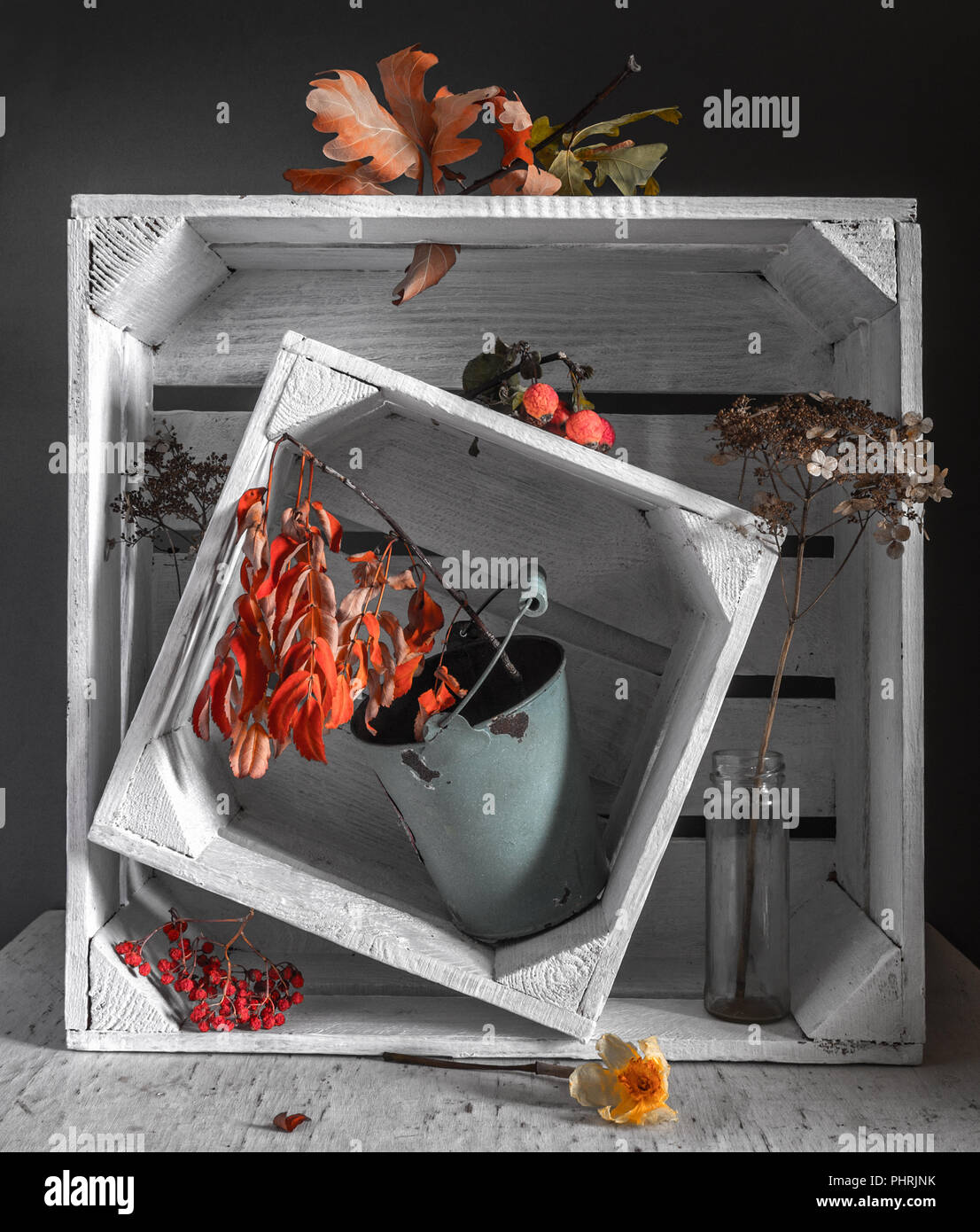 still life with boxes and dried plants. vintage. retro Stock Photo - Alamy