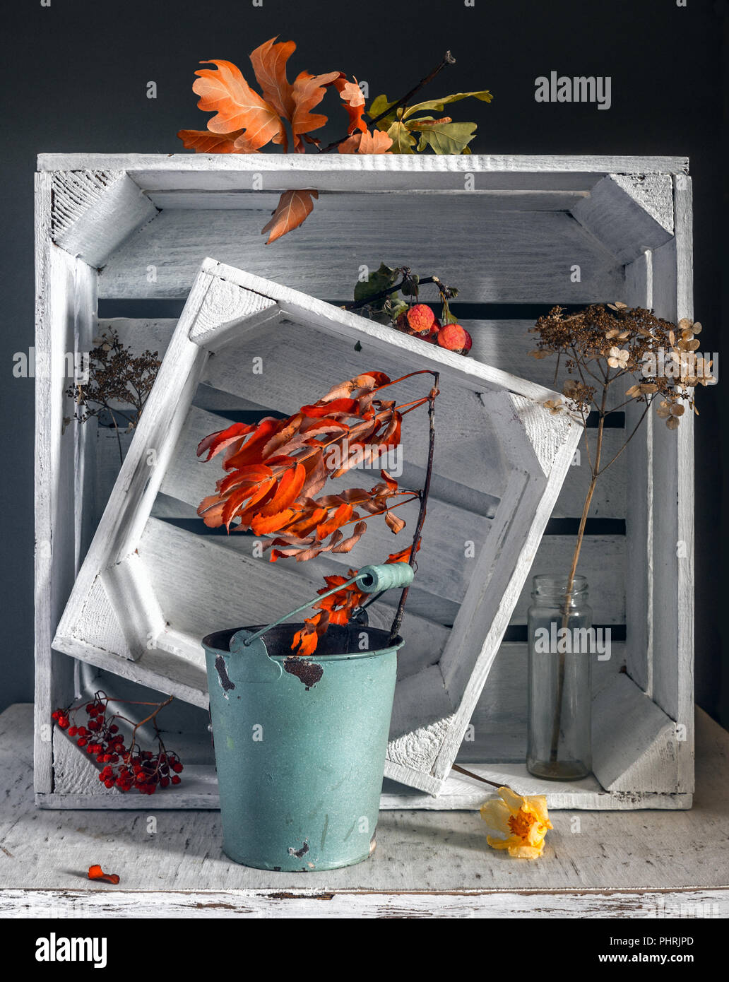 still life with boxes and dried plants. vintage. retro Stock Photo - Alamy