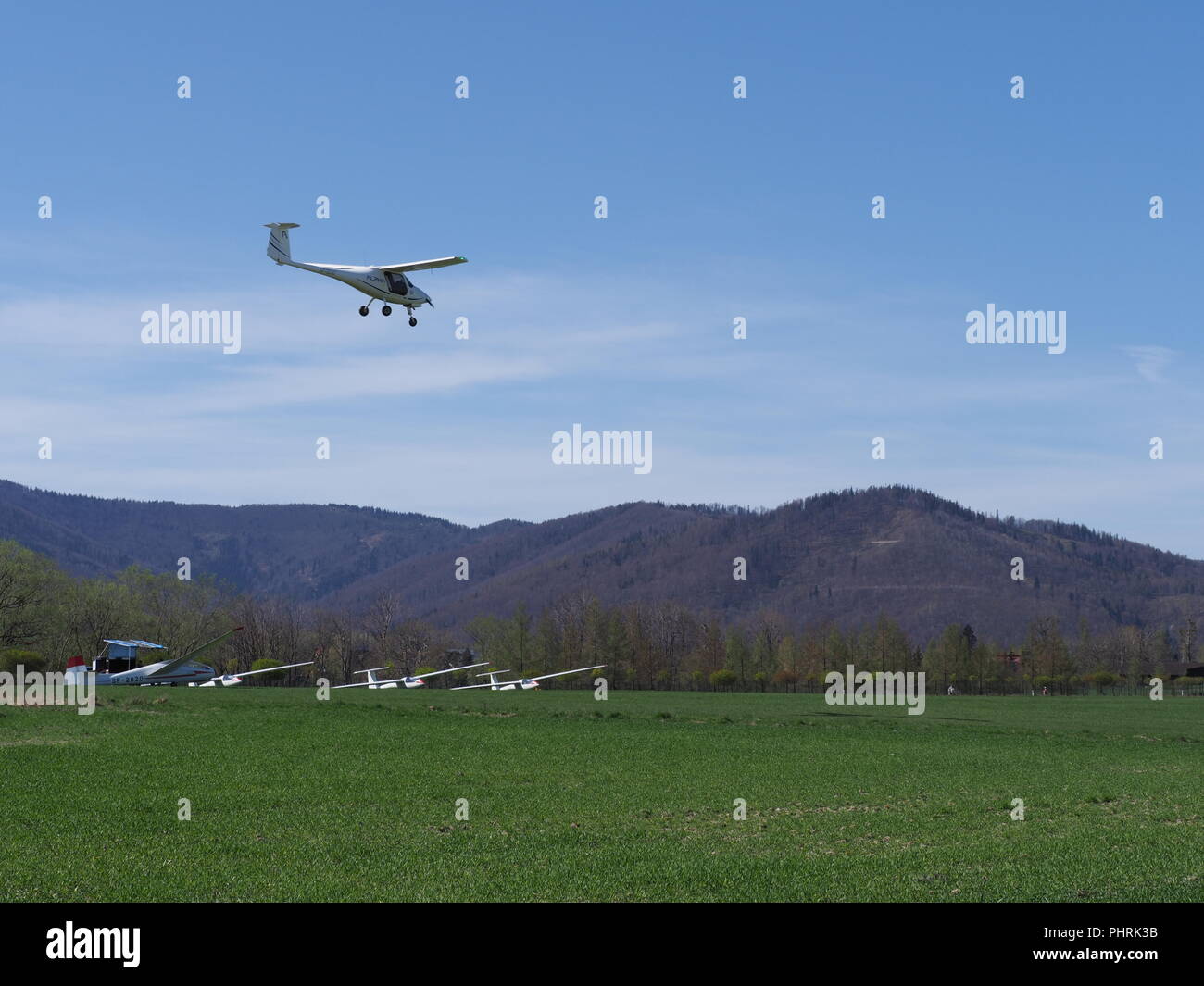 Pipistrel Alpha Trainer airplane lands and four gliders lay on grassy ...