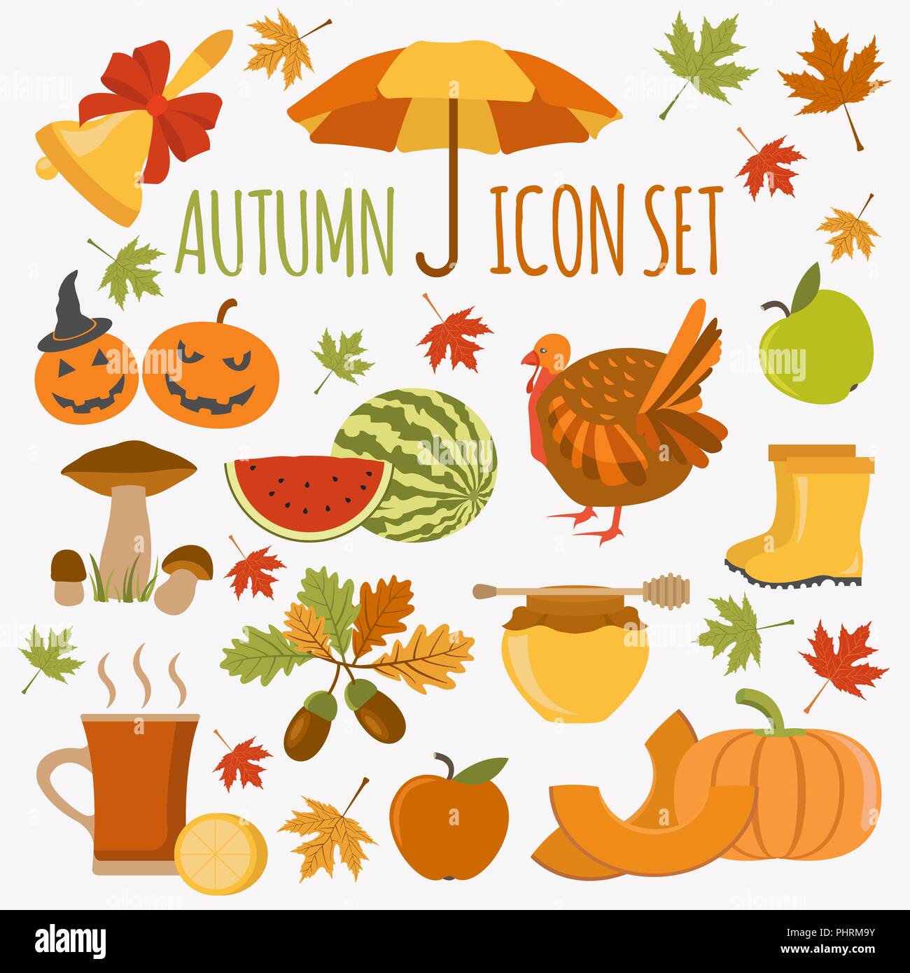 Autumn icon set. Halloween and Thanksgiving day. Flat design. Vector ...