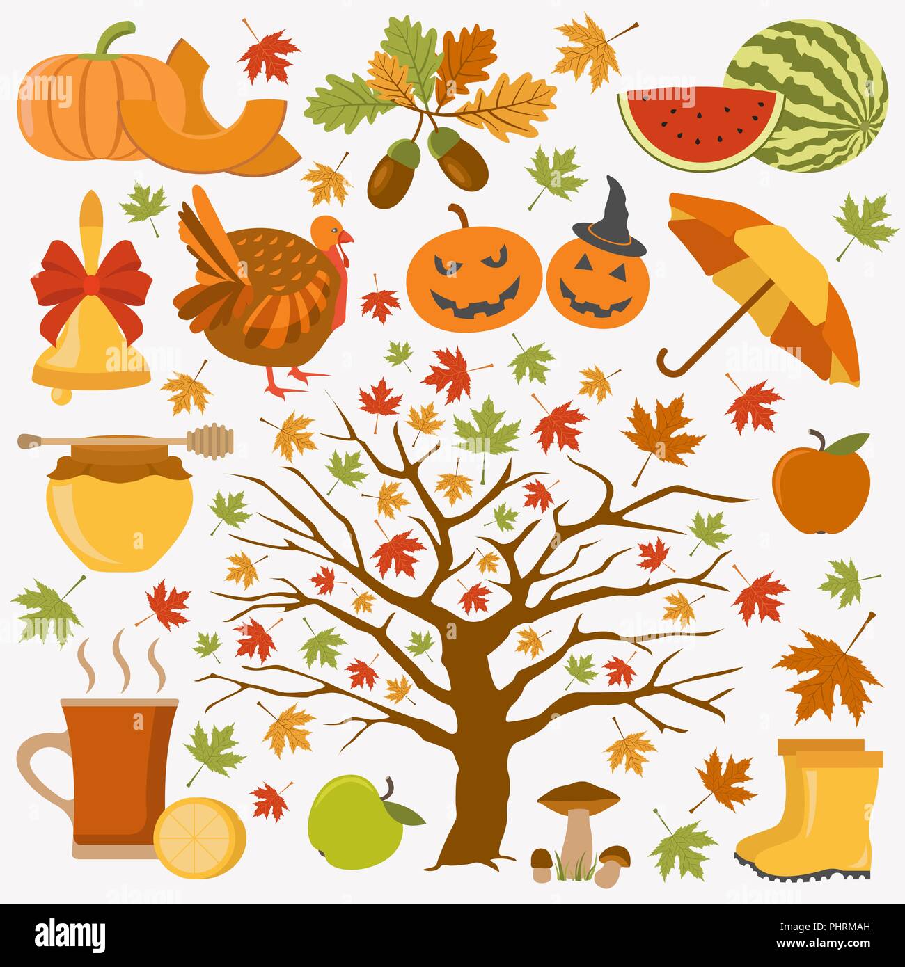 Autumn icon set. Halloween and Thanksgiving day. Flat design. Vector ...
