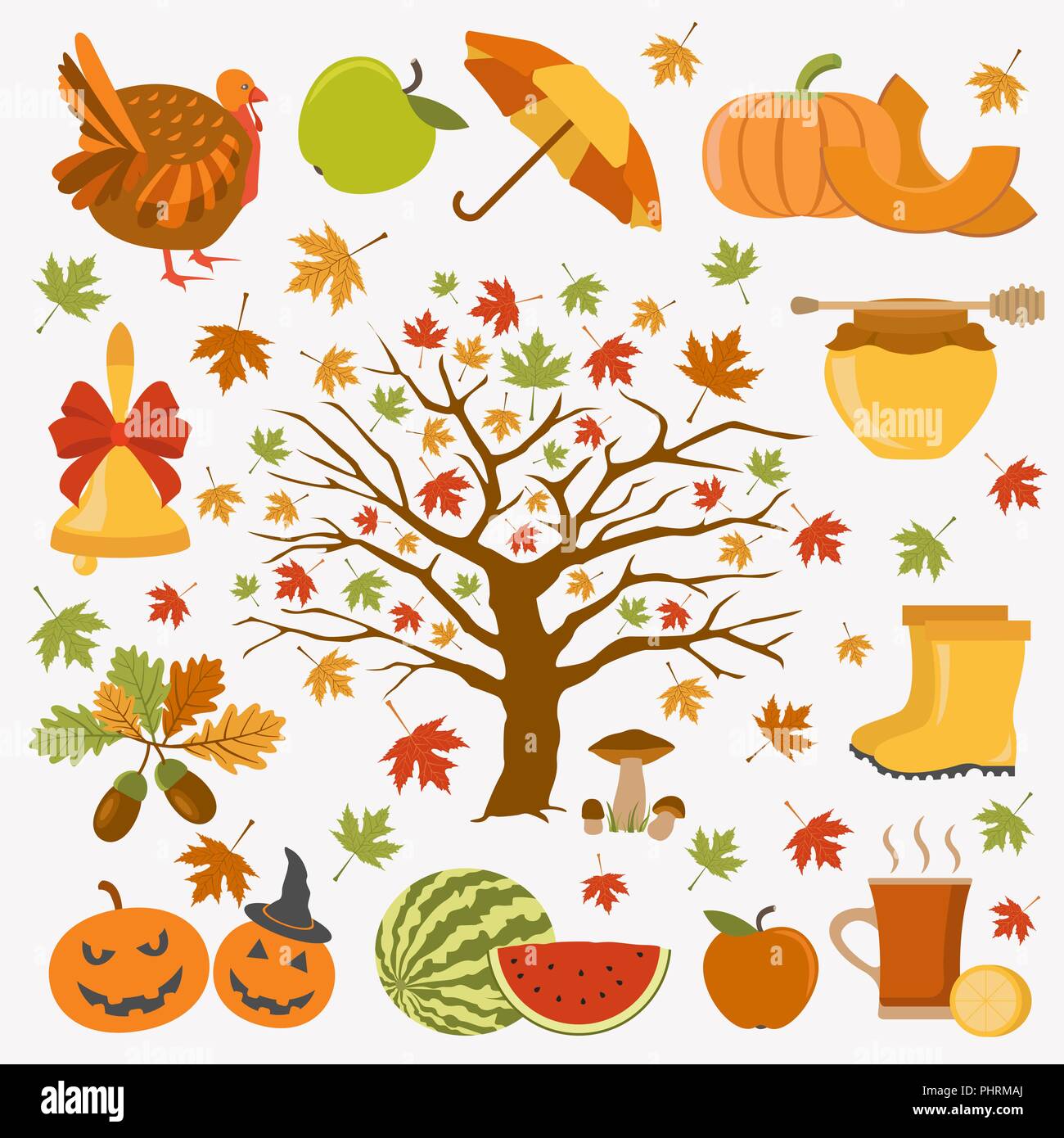 Autumn icon set. Halloween and Thanksgiving day. Flat design. Vector ...