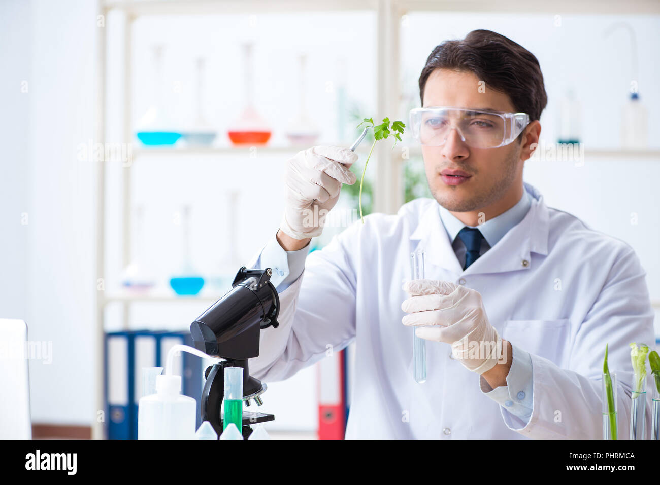 Male biochemist working in the lab on plants Stock Photo - Alamy
