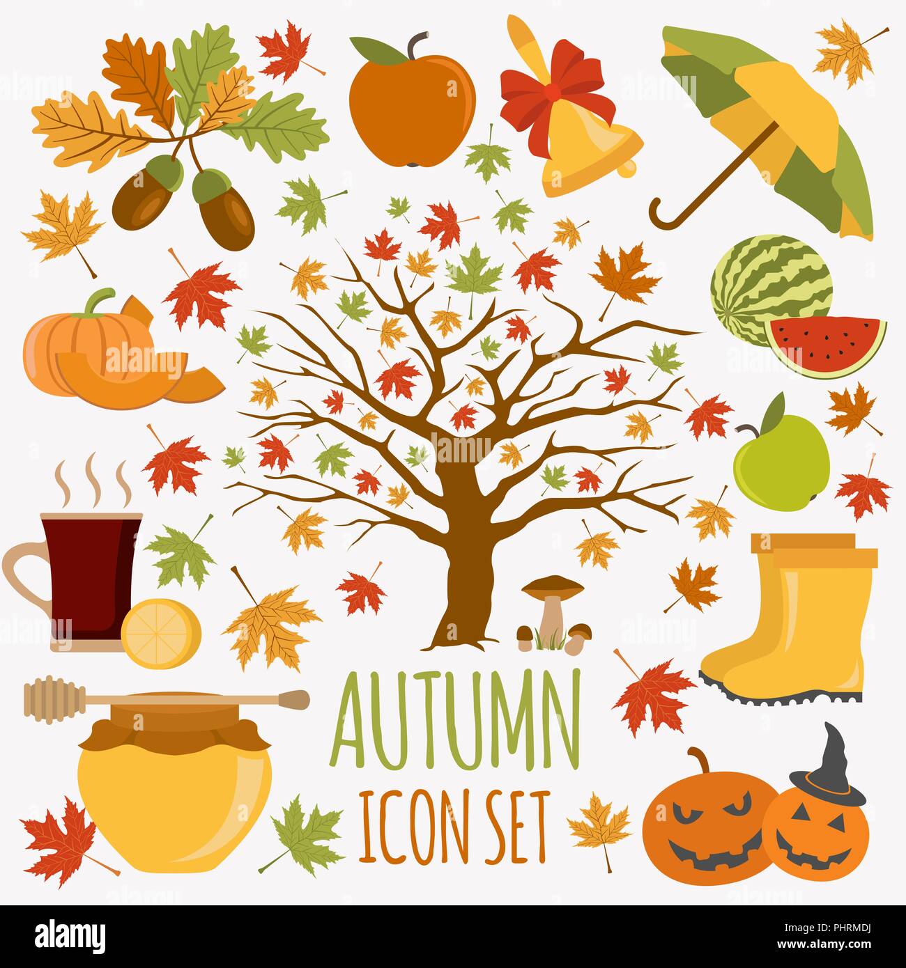 Autumn icon set. Halloween and Thanksgiving day. Flat design. Vector ...