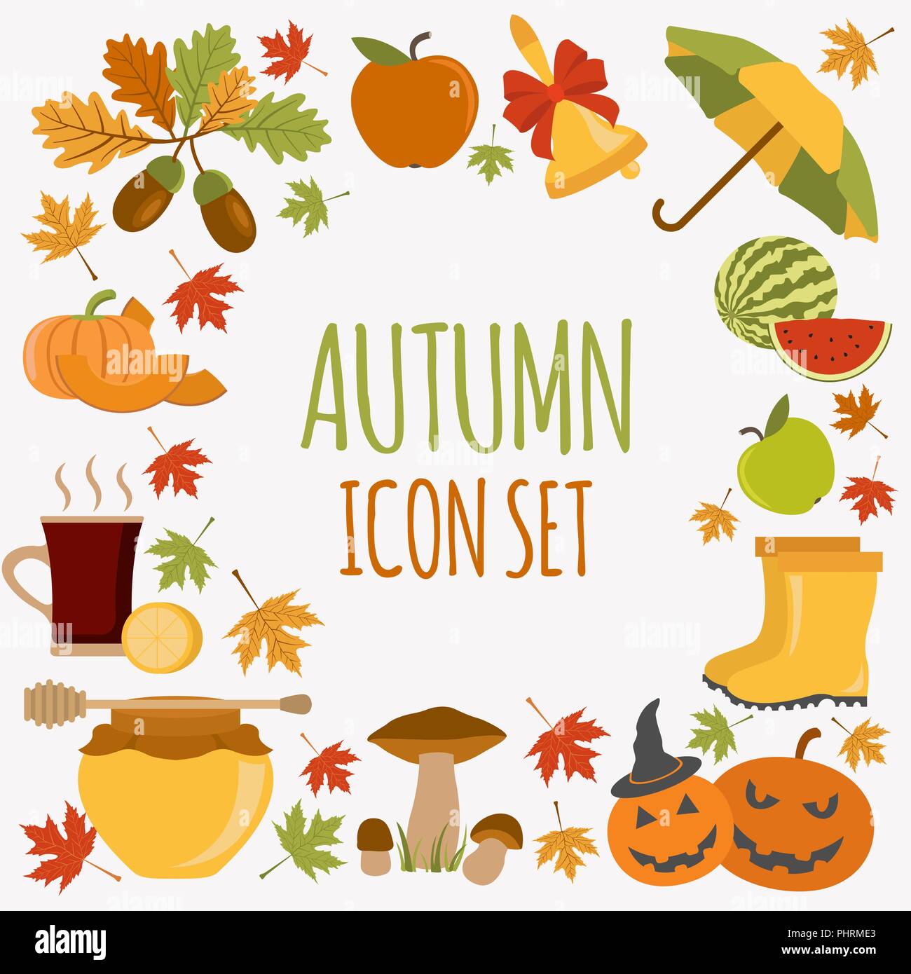 Autumn icon set. Halloween and Thanksgiving day. Flat design. Vector ...