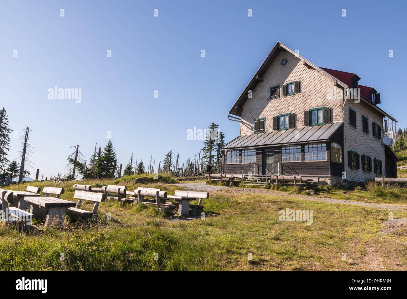 Alpine hut on the mountain great Rachel in the Bavarian Forest, Germany ...