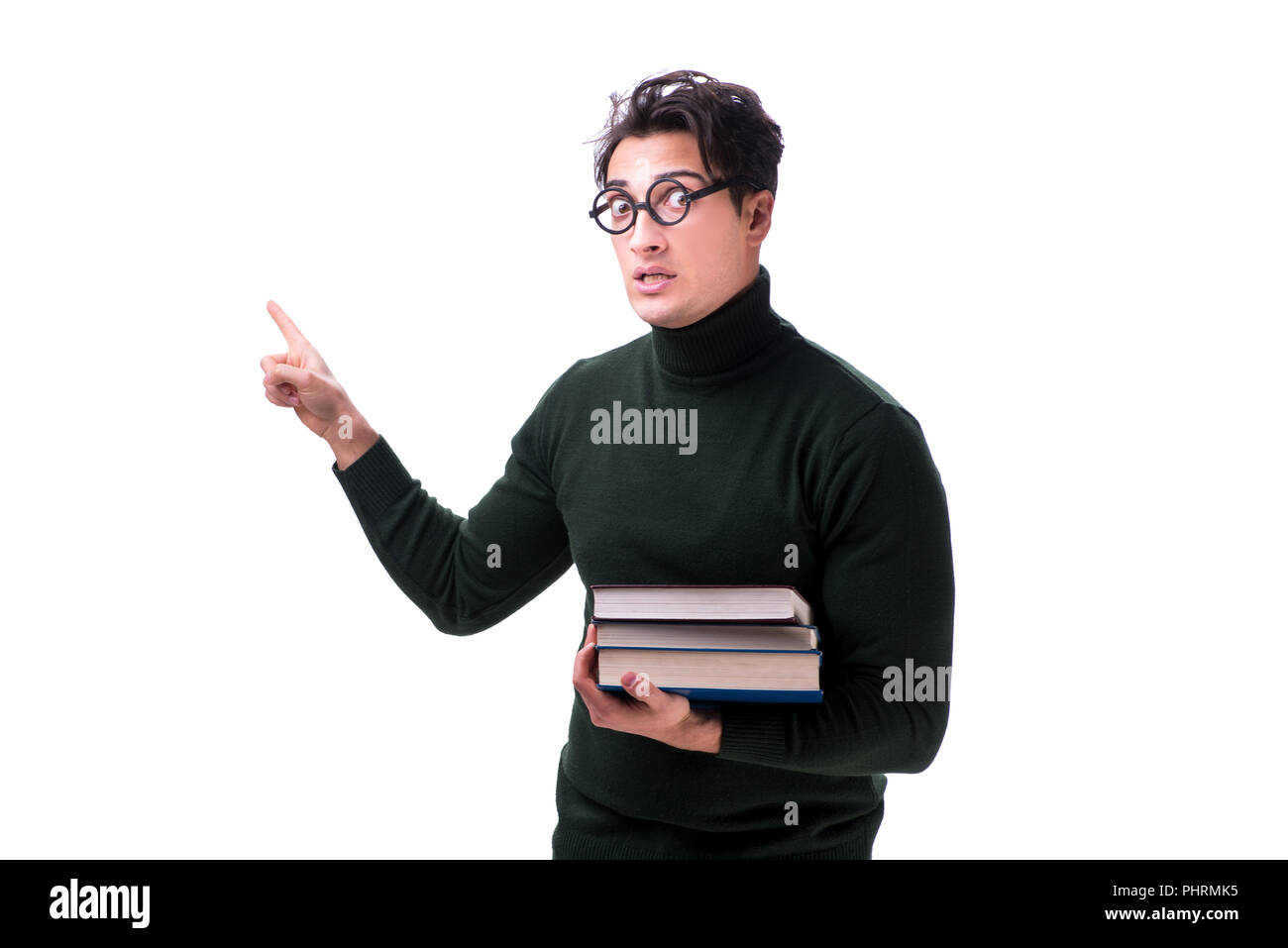 Nerd young student with books isolated on white Stock Photo - Alamy