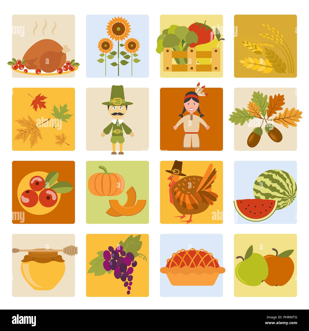 Thanksgiving day icon set. Flat style. Vector illustration Stock Vector ...
