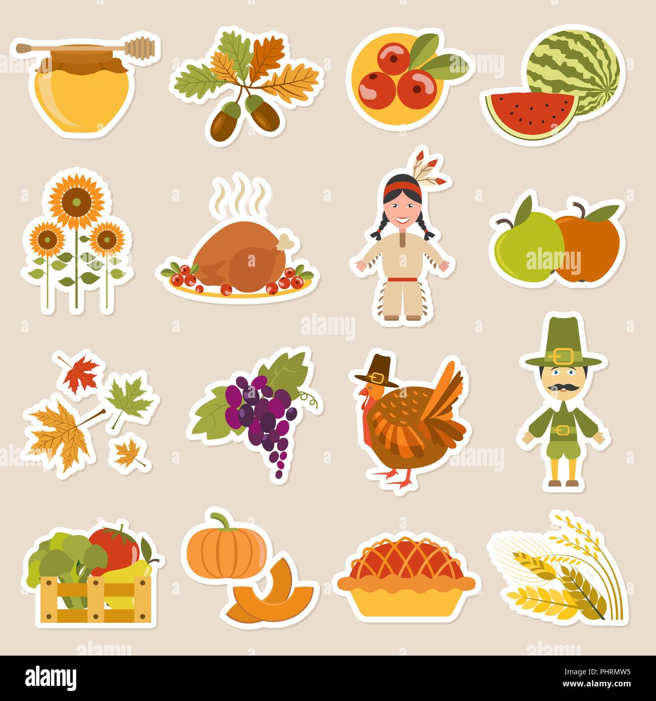 Thanksgiving day icon set. Flat style. Vector illustration Stock Vector ...