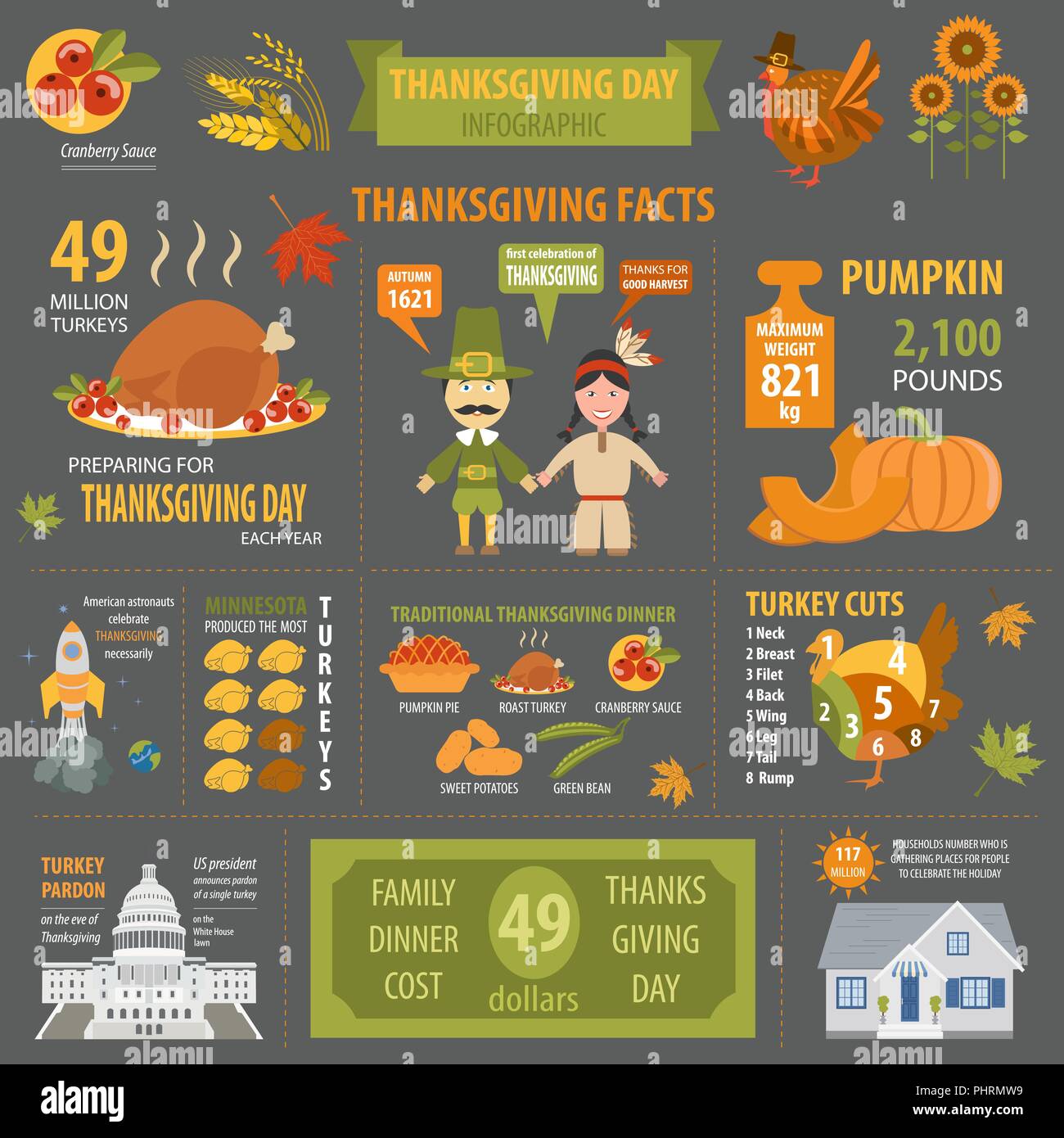 Thanksgiving day, interesting facts in infographic. Graphic template ...